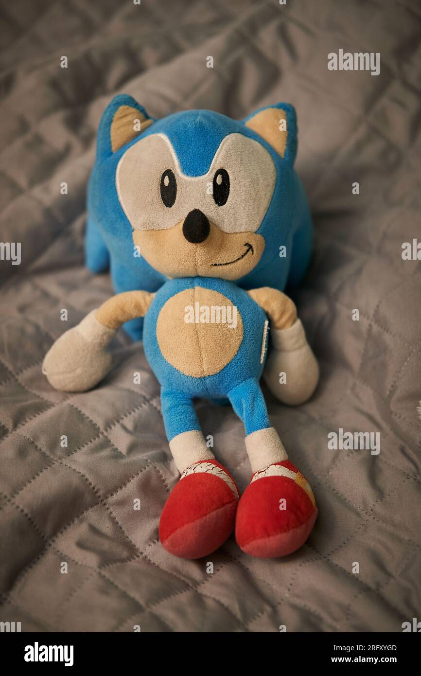 Poznan, Poland - April 2, 2023: A soft Sonic The Hedgehog plush toy on ...