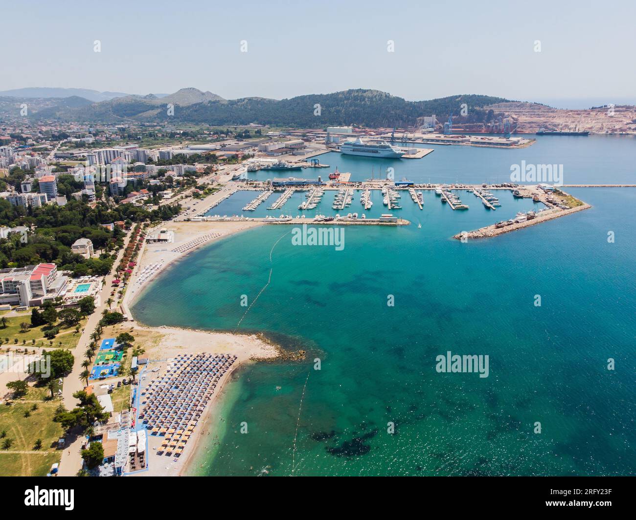 Aerial view of city Bar , Montenegro and Adriatic Mediterranean sea ...