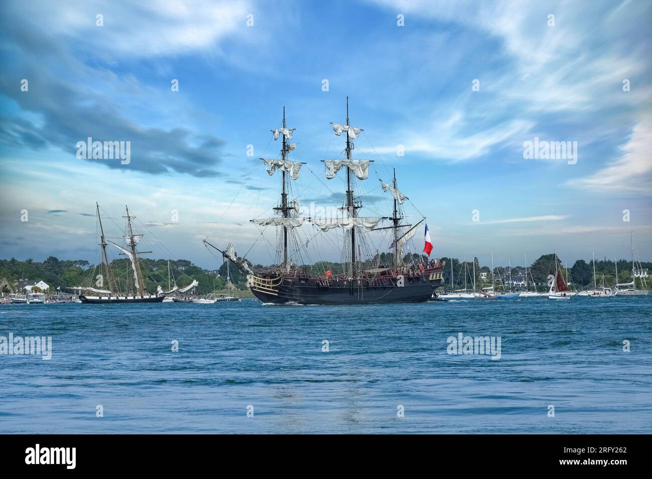 An old three-masted ship at the Ile-aux-Moines island, beautiful ...