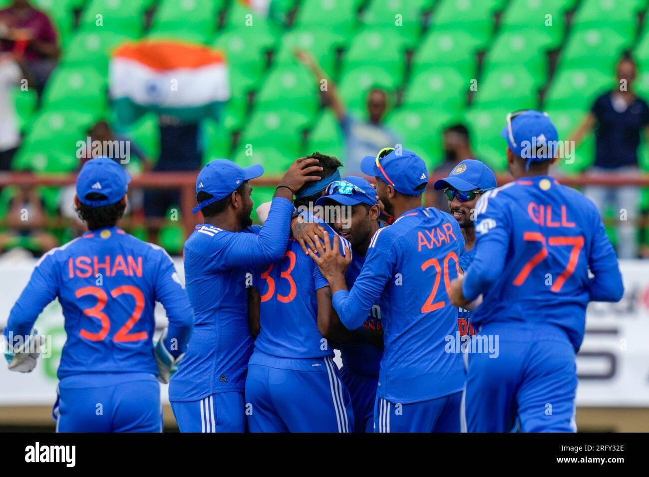 Players of India celebrates the dismissal of West Indies' Brandon King ...
