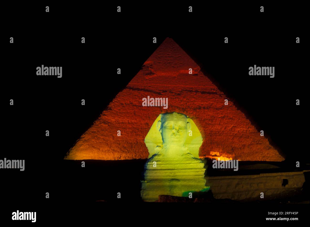 The pyramids of giza on a light show near the city of Cairo at the ...
