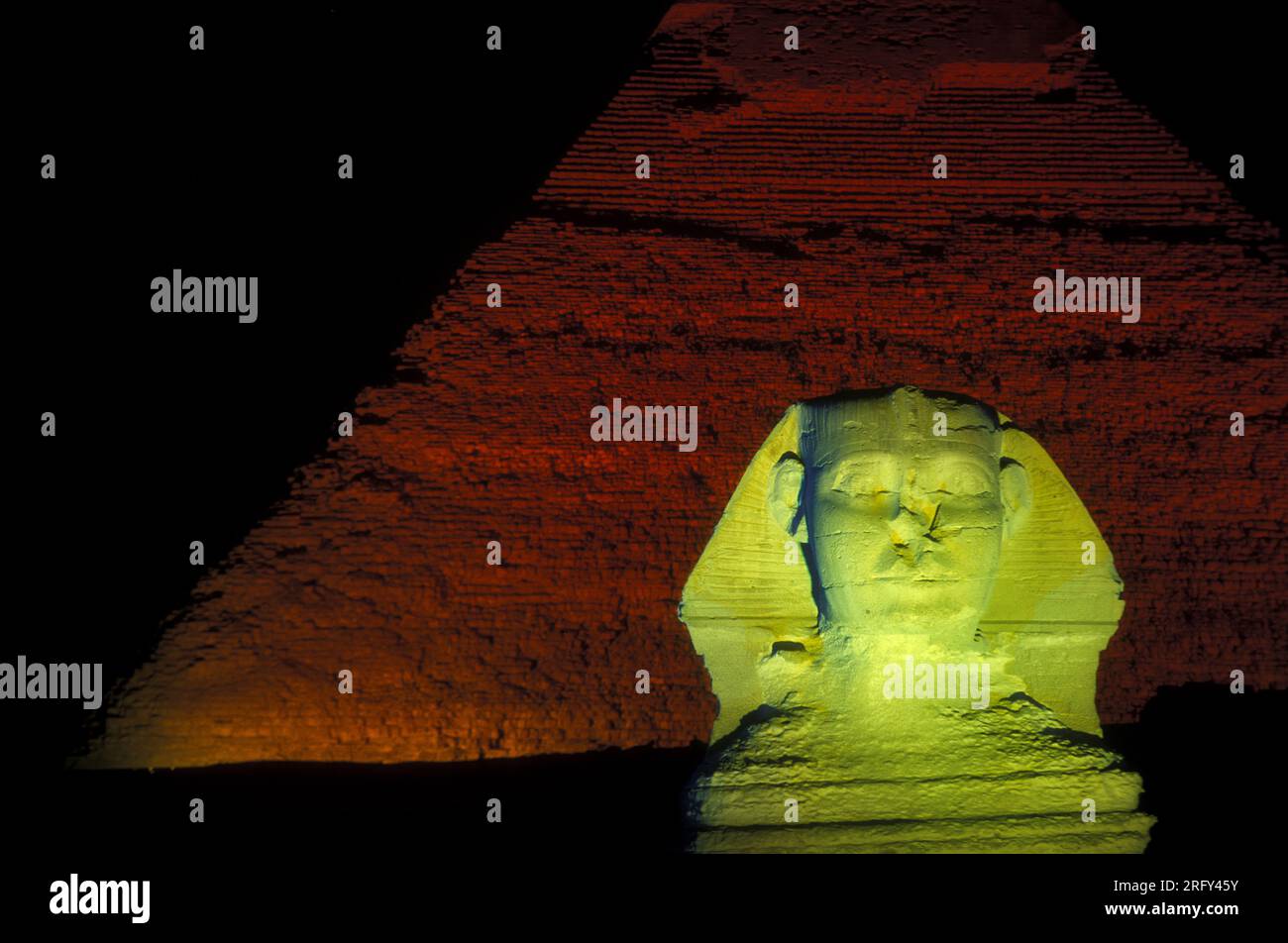 The pyramids of giza on a light show near the city of Cairo at the ...
