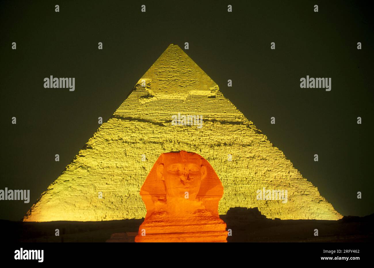 The pyramids of giza on a light show near the city of Cairo at the ...