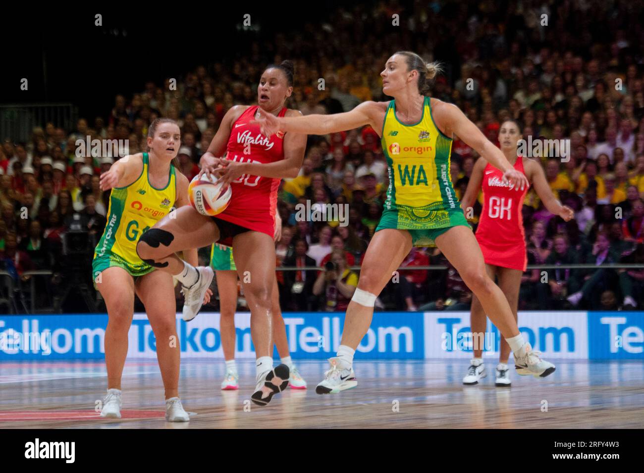 England's Laura Malcolm, and Australia's Steph Wood and Liz Watson in action during the 2023 ...