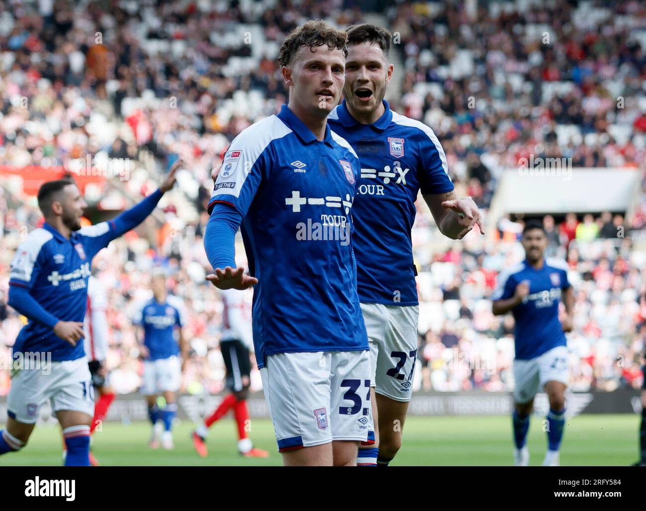 Ipswich Town's Nathan Broadhead has a muted celebration after scoring ...