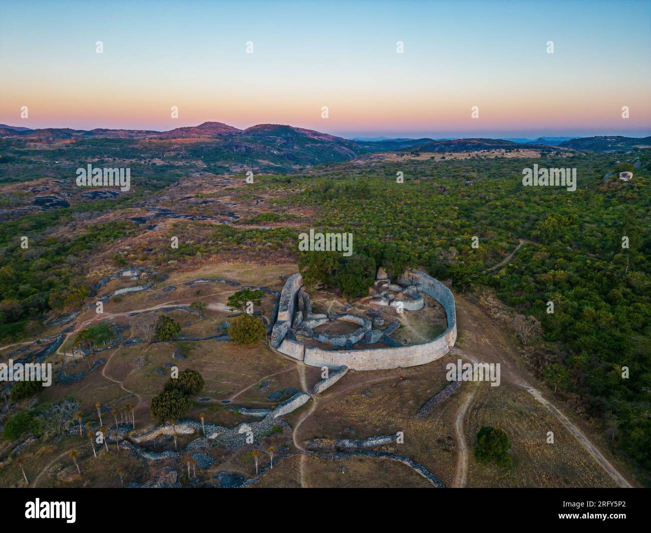 Aerial view of the Great Enclosure of the ruins of Great Zimbabwe Stock ...
