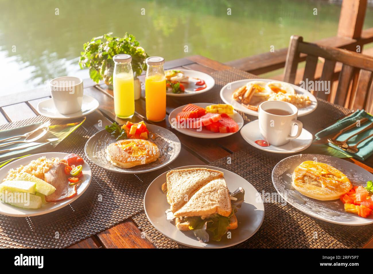 Healthy breakfast table with delicious dishes in a Thai resort Stock ...