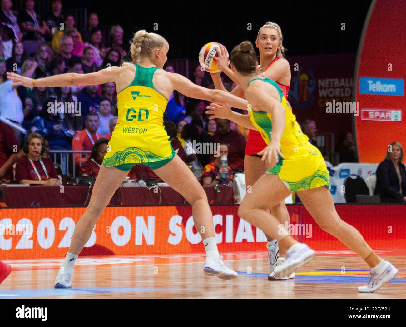 England's Helen Housby (right) in action during the 2023 Netball World Cup final at the Cape ...