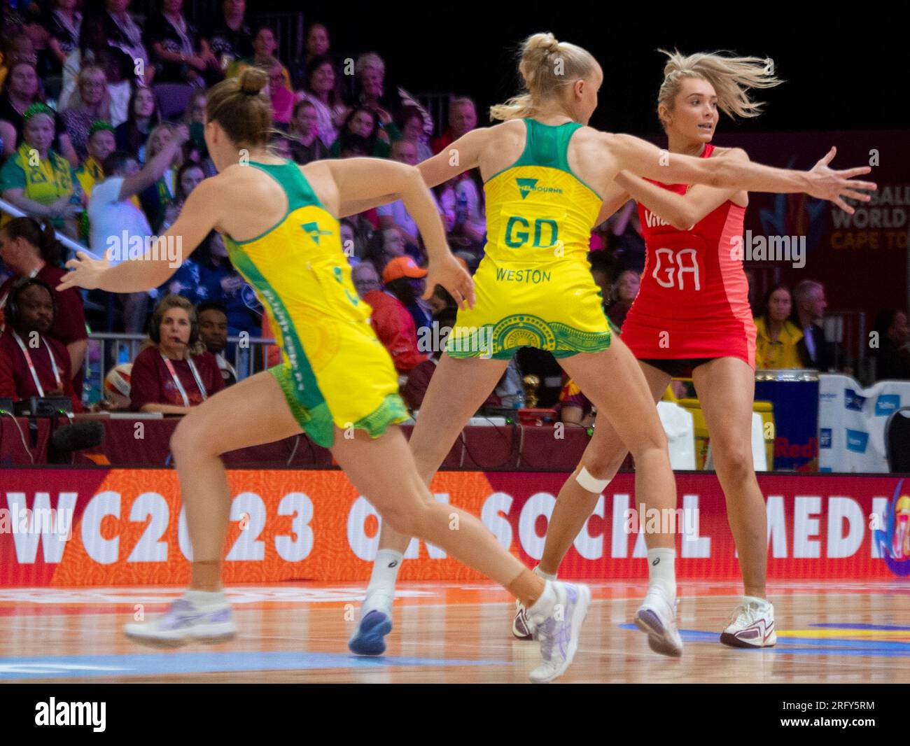 England's Helen Housby (right) in action during the 2023 Netball World Cup final at the Cape ...