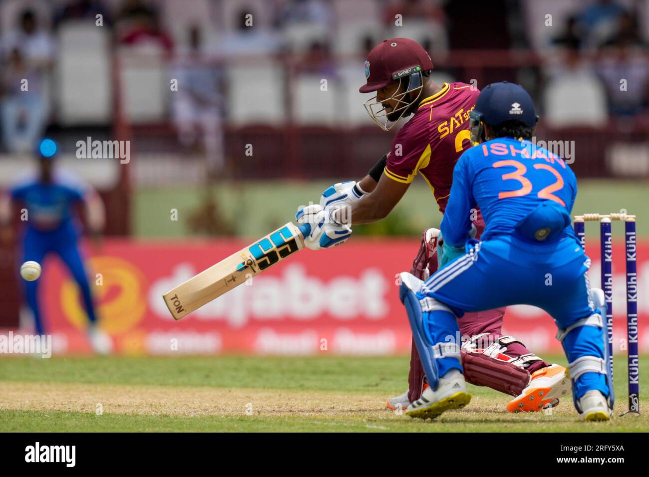 West Indies' Nicholas Pooran plays a shot against India during their ...
