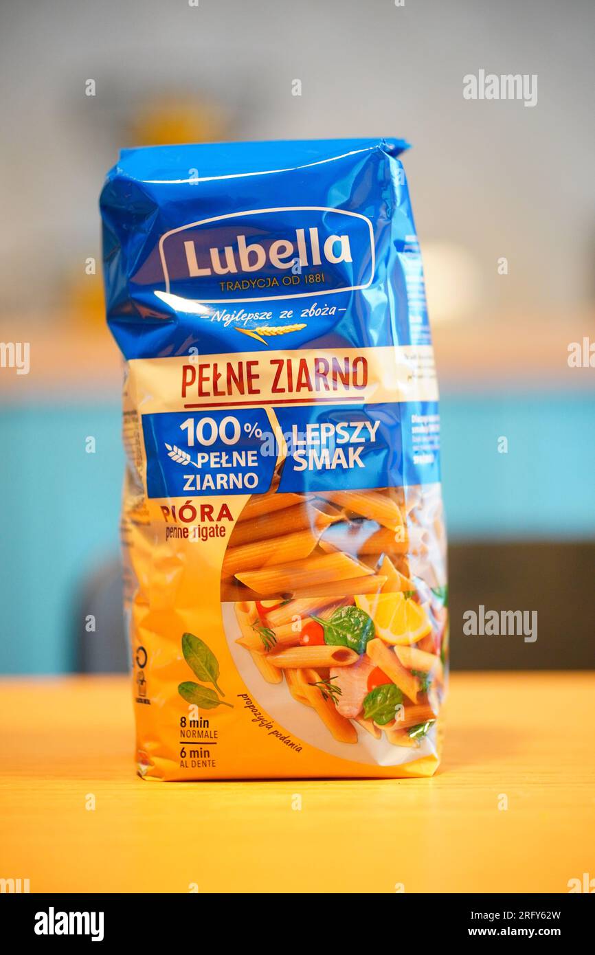 Poznan, Poland - August 6, 2023: Polish Lubella brand penne pasta in a ...
