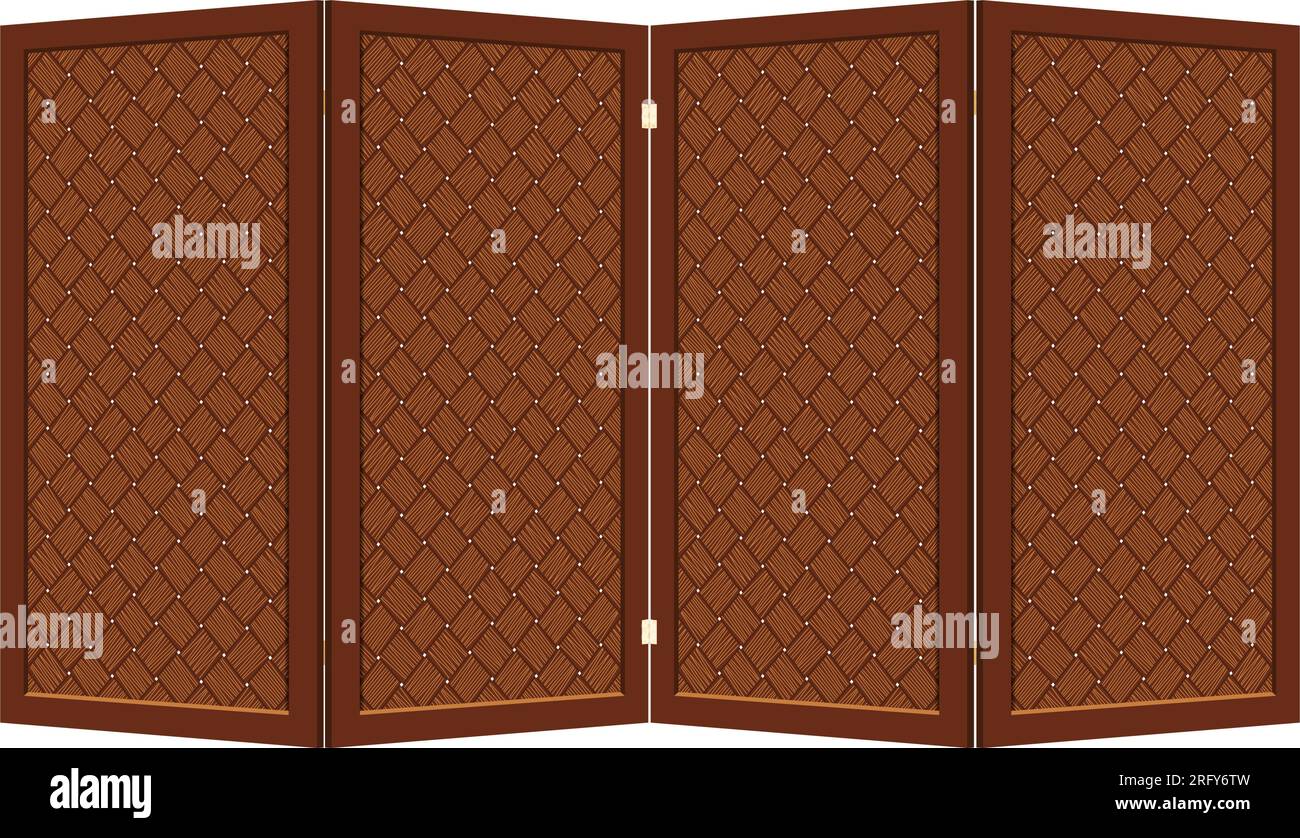 Brown folding screen with basketweave pattern. Vector four-leaf wooden ...