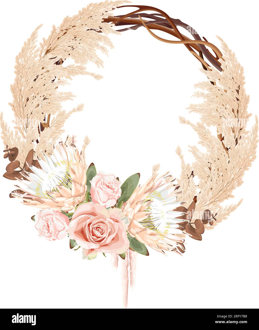 Boho, bohemian vine wreath with protea and rose flowers, eucalyptus ...