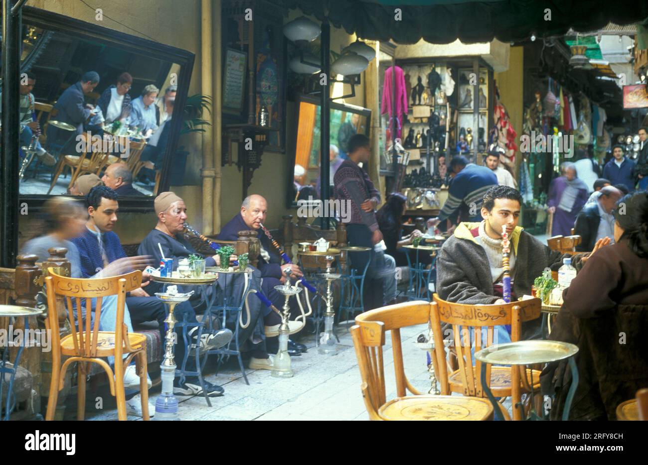 a traditional Coffee shop at the main Bazaar or Market in the city of Cairo in Egypt in North ...