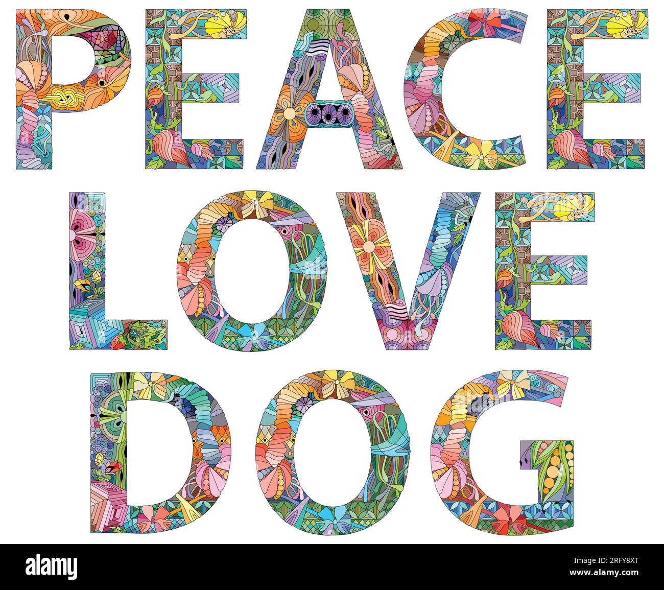 Hand-painted art design. Hand drawn illustration words PEACE LOVE DOG ...