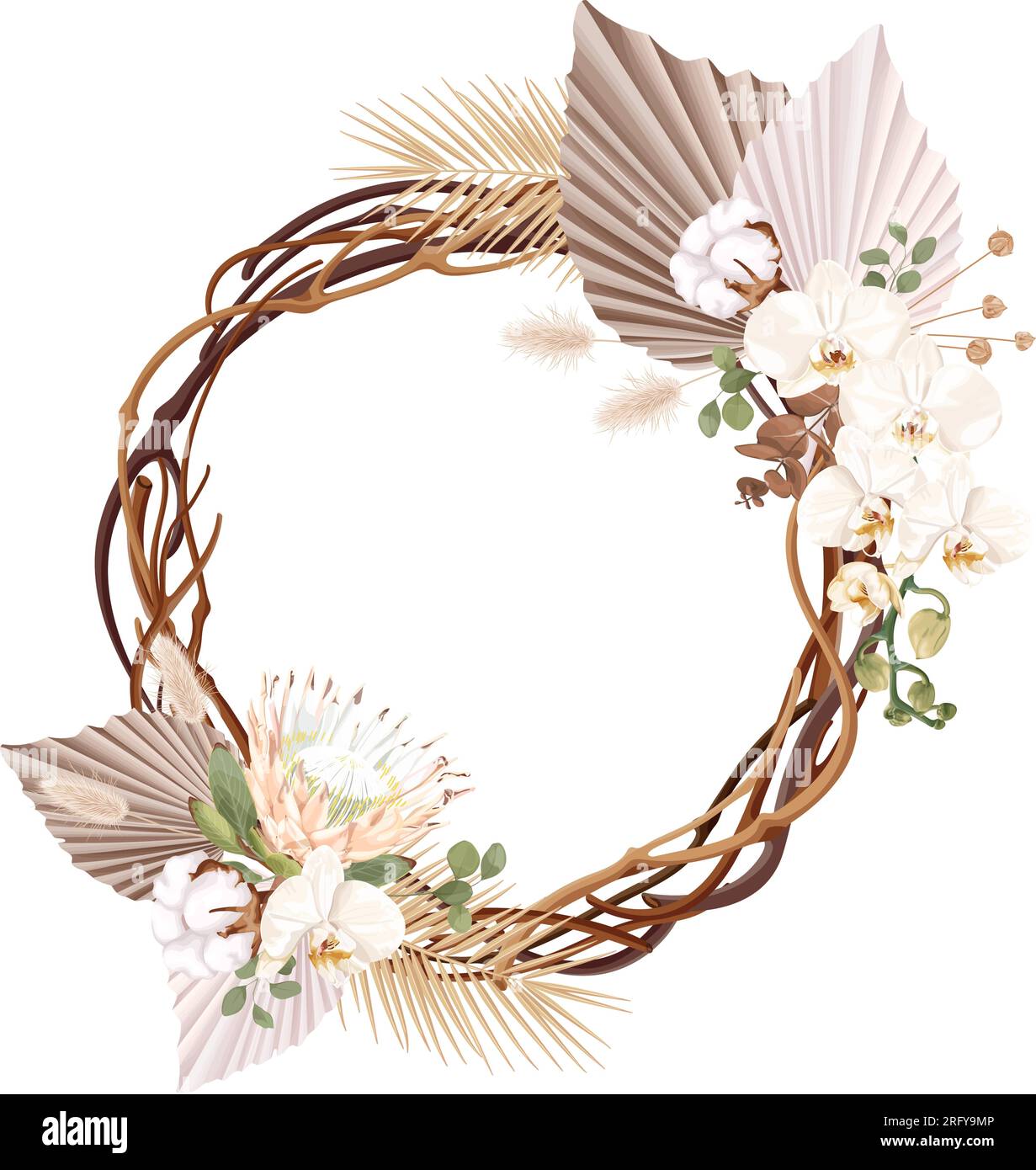 Boho, bohemian vine wreath with white phalaenopsis orchid, protea and ...