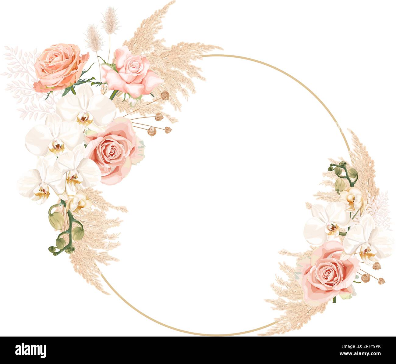 Boho, bohemian wreath with white phalaenopsis orchid flowers, pink rose ...