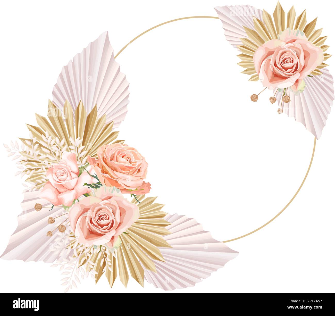 Boho, bohemian wreath with pink rose flowers, palm leaves and dry ...