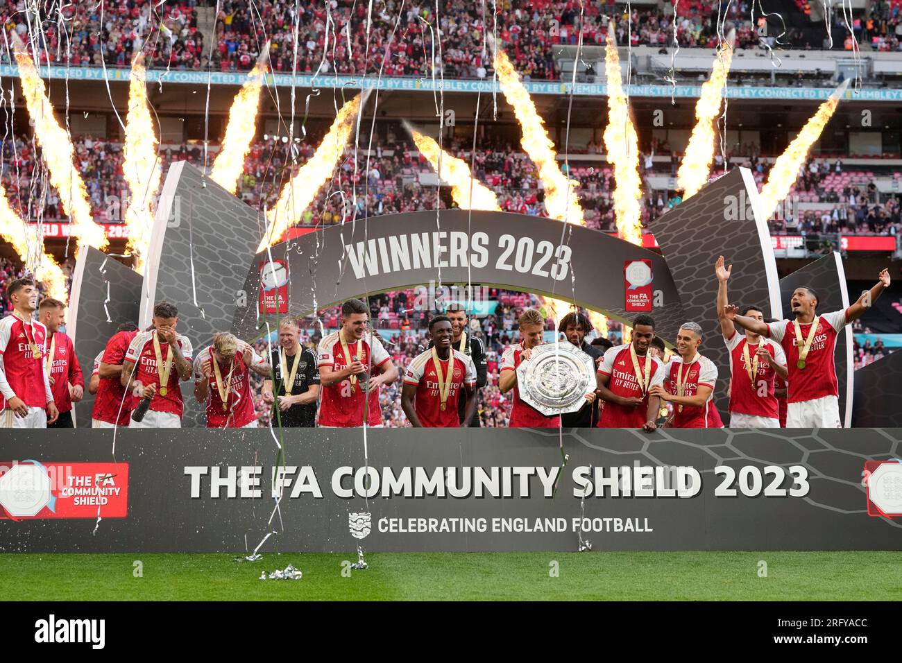 Arsenal players celebrate after winning the English FA Community Shield ...