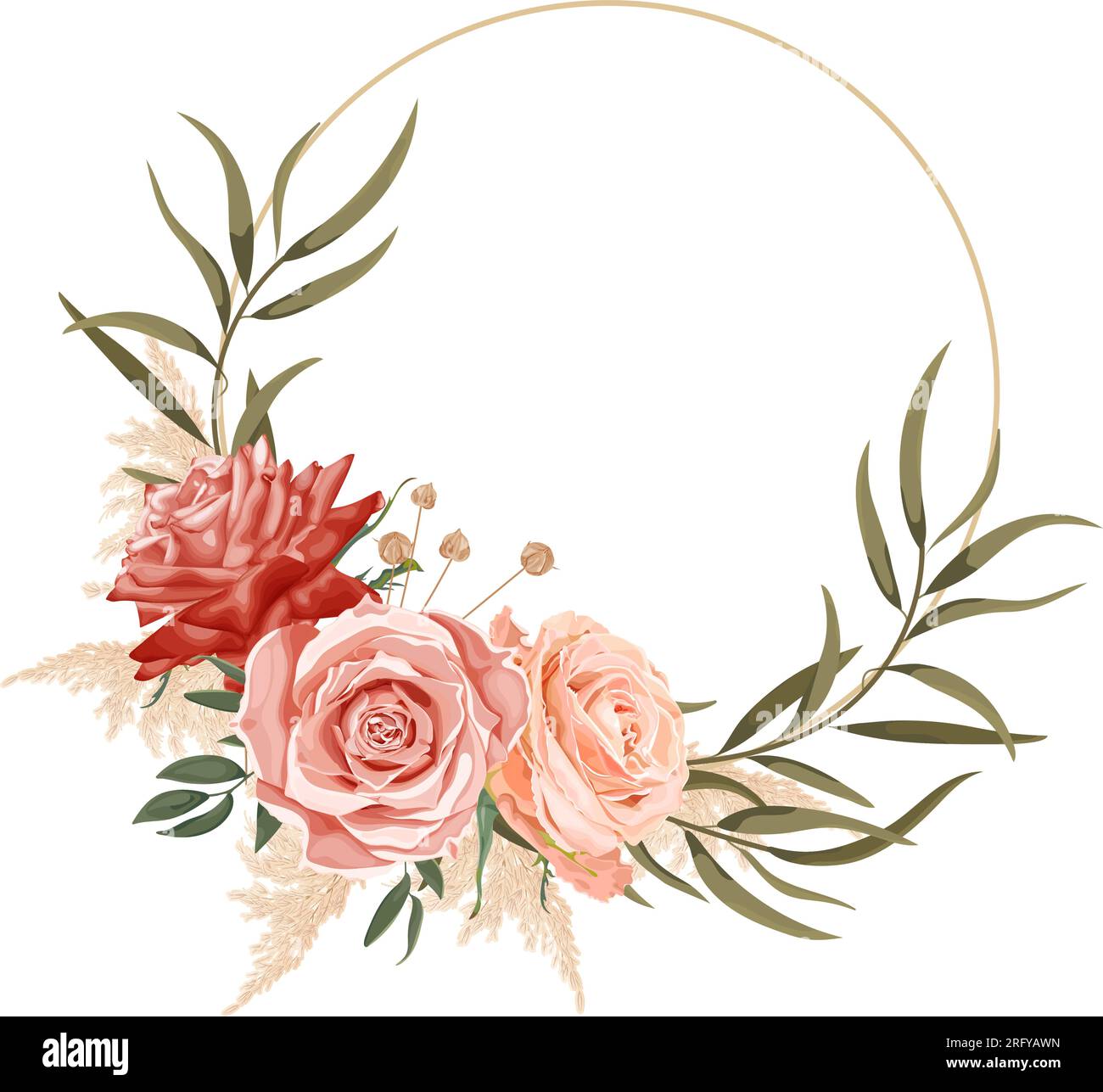 Boho, bohemian wreath with rose flowers, reeds, green leaves and dry ...