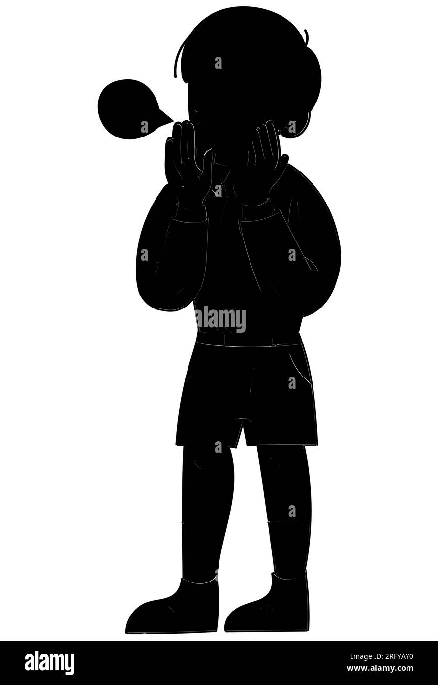 Black silhouette of a small kid inflating a balloon, children's vector ...