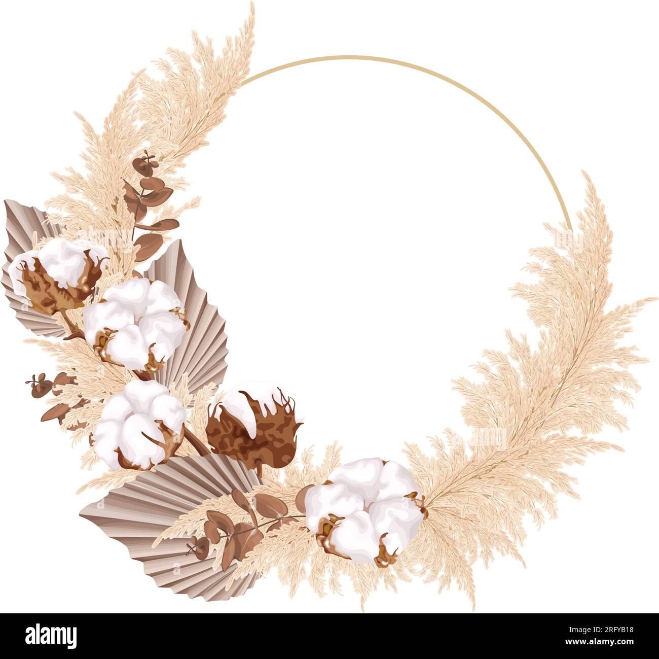 Boho, bohemian wreath with cotton flowers, palm and eucalyptus leaves ...