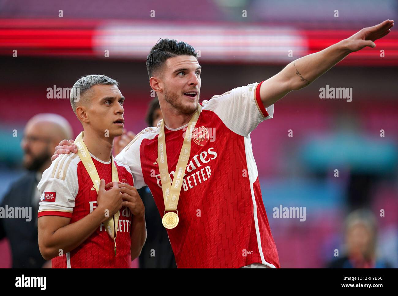 Arsenal's Leandro Trossard (left) and Declan Rice after the FA ...