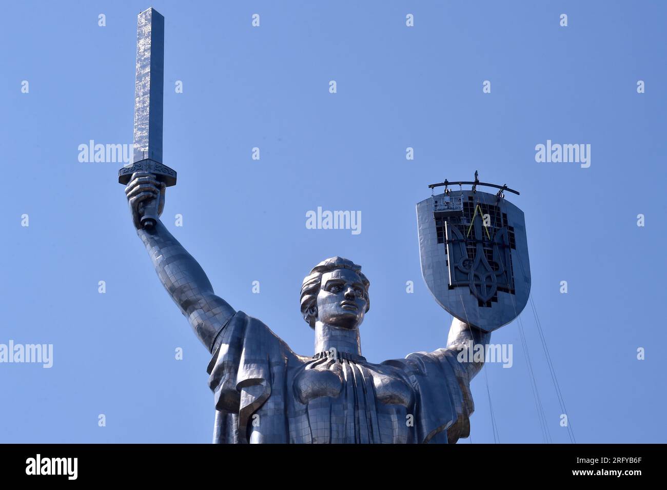 View of the Motherland Monument in Kyiv, which is under installation of ...