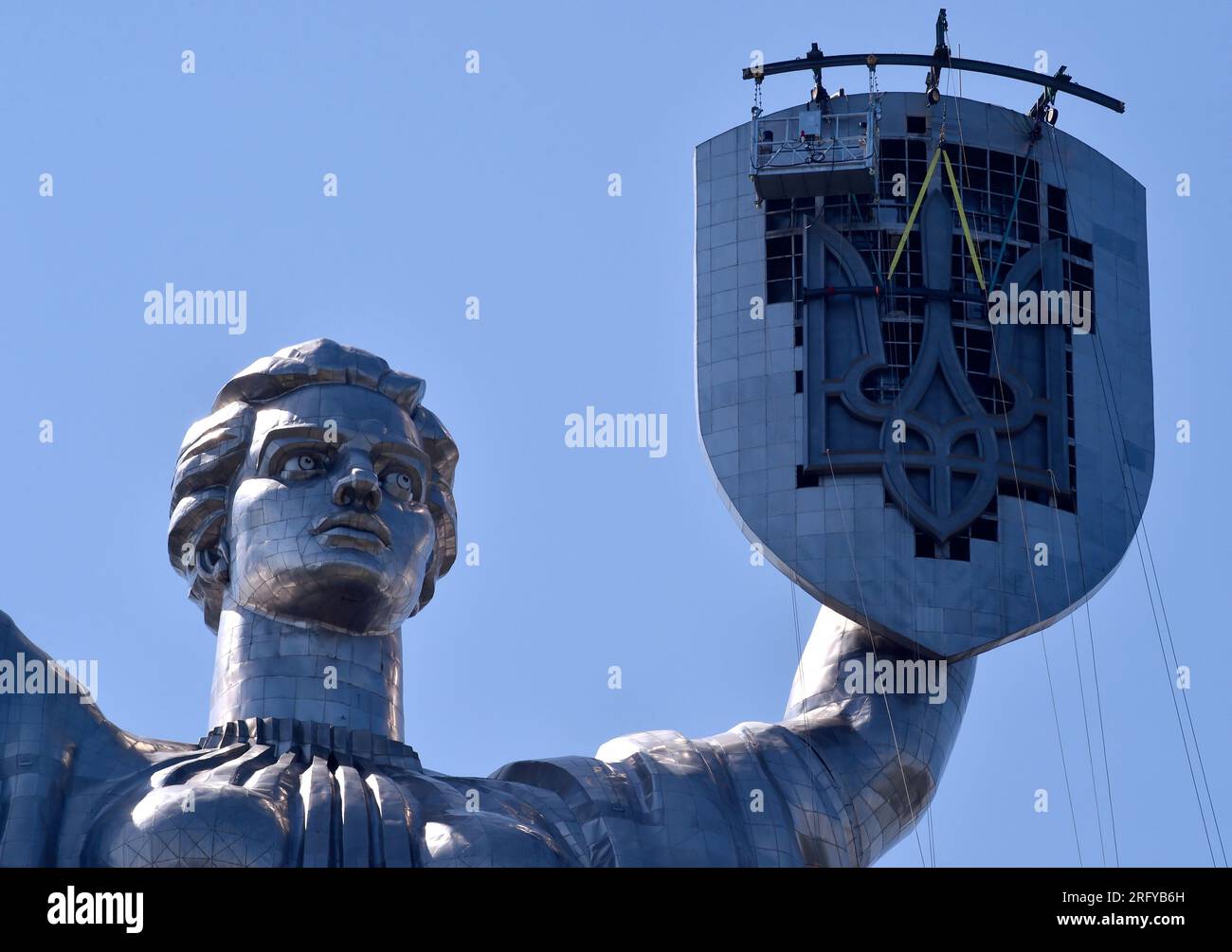 View of the Motherland Monument in Kyiv, which is under installation of ...