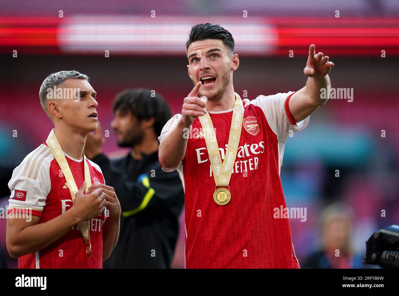 Arsenal's Leandro Trossard (left) and Declan Rice after the FA ...