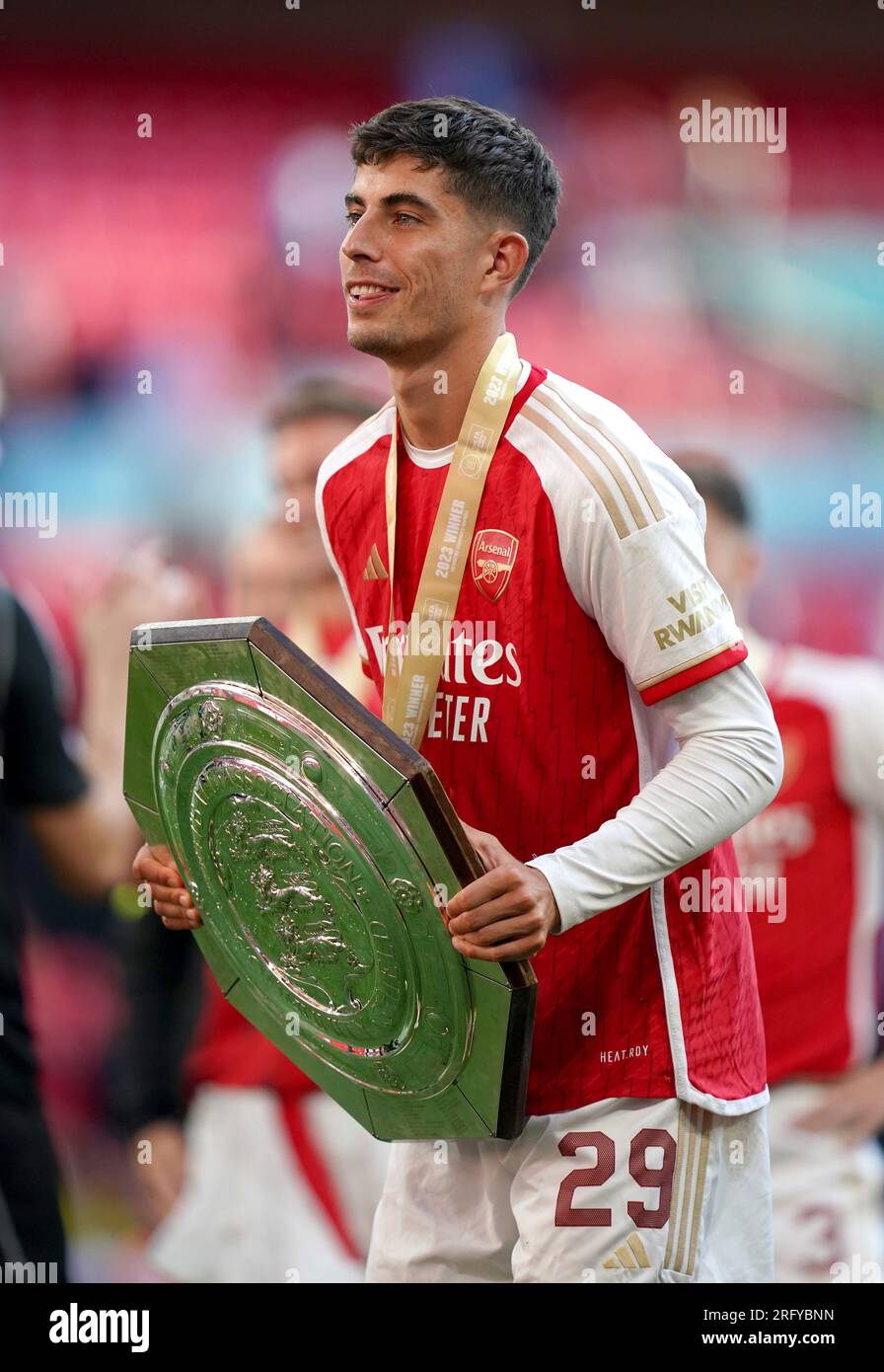 Arsenal's Kai Havertz celebrates with the trophy after the FA Community ...