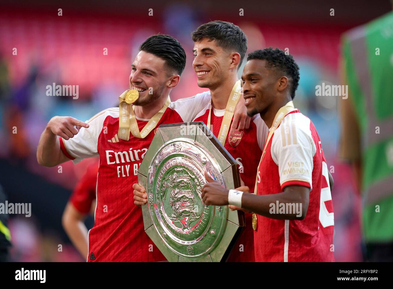Left to right, Arsenal's Declan Rice, Kai Havertz and Jurrien Timber ...