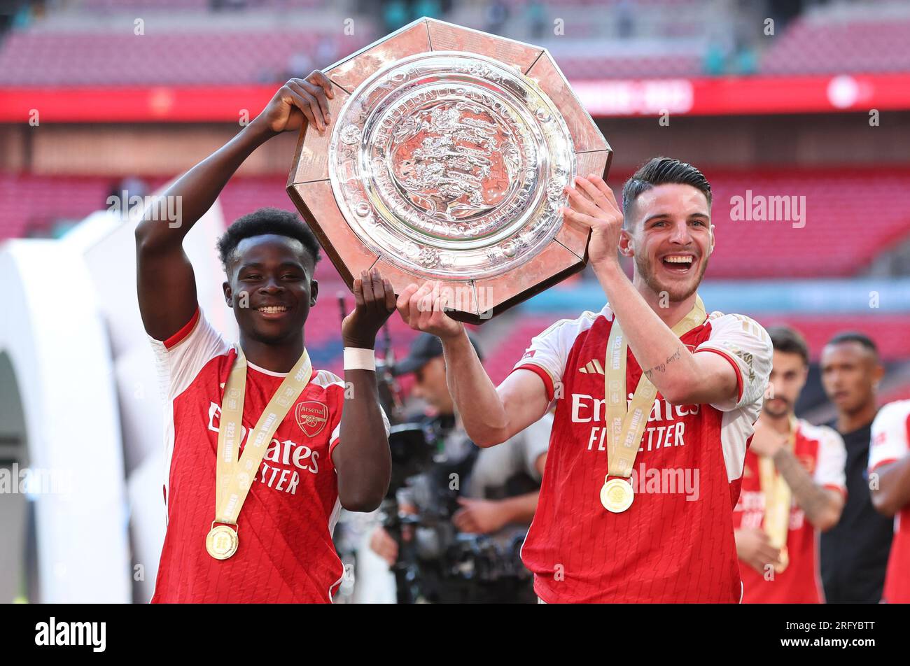 London, UK. 6th Aug, 2023. Bukayo Saka of Arsenal and Declan Rice of ...