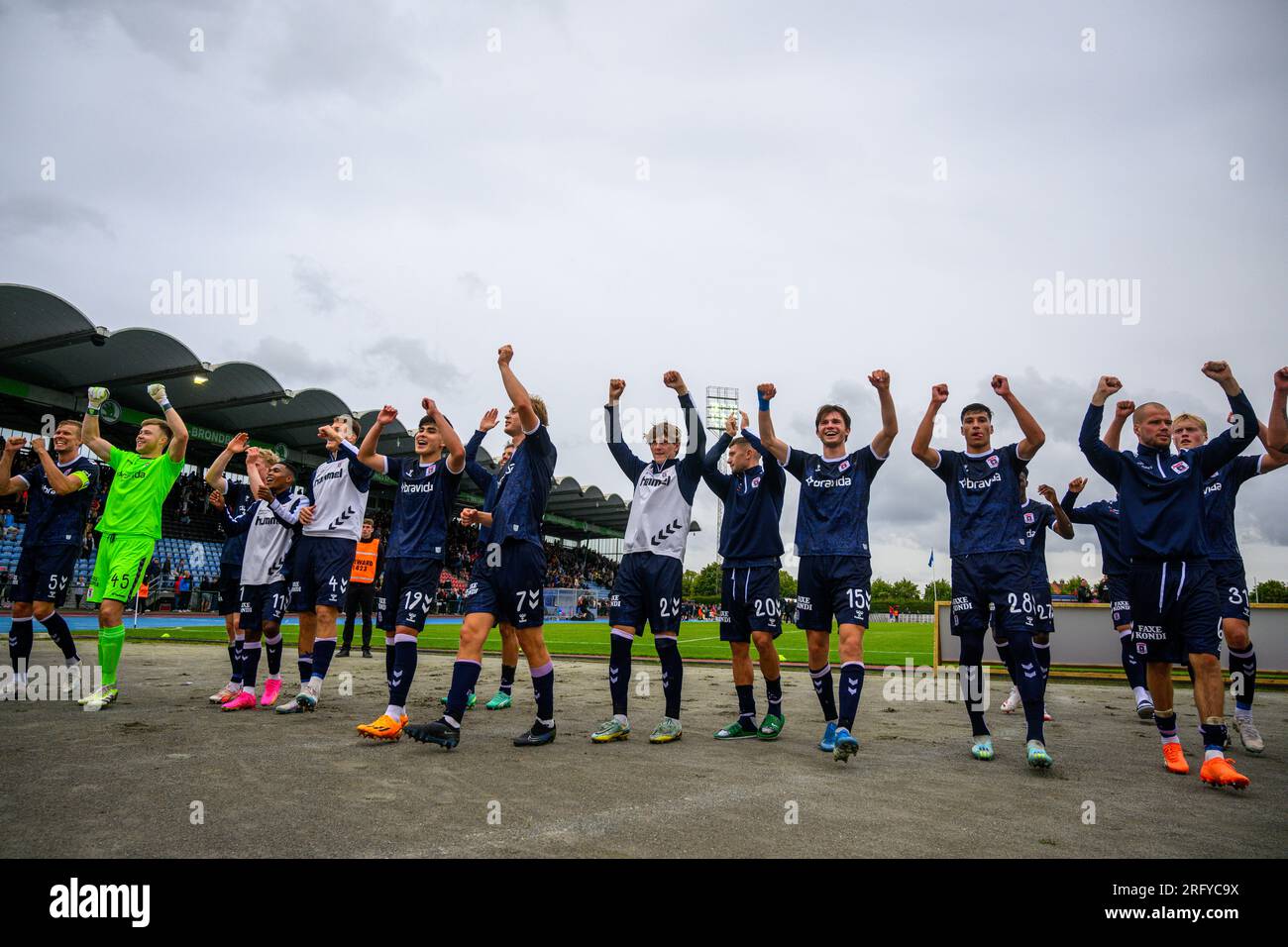 Hvidovre, Denmark. 06th Aug, 2023. The players of Aarhus GF celebrate ...
