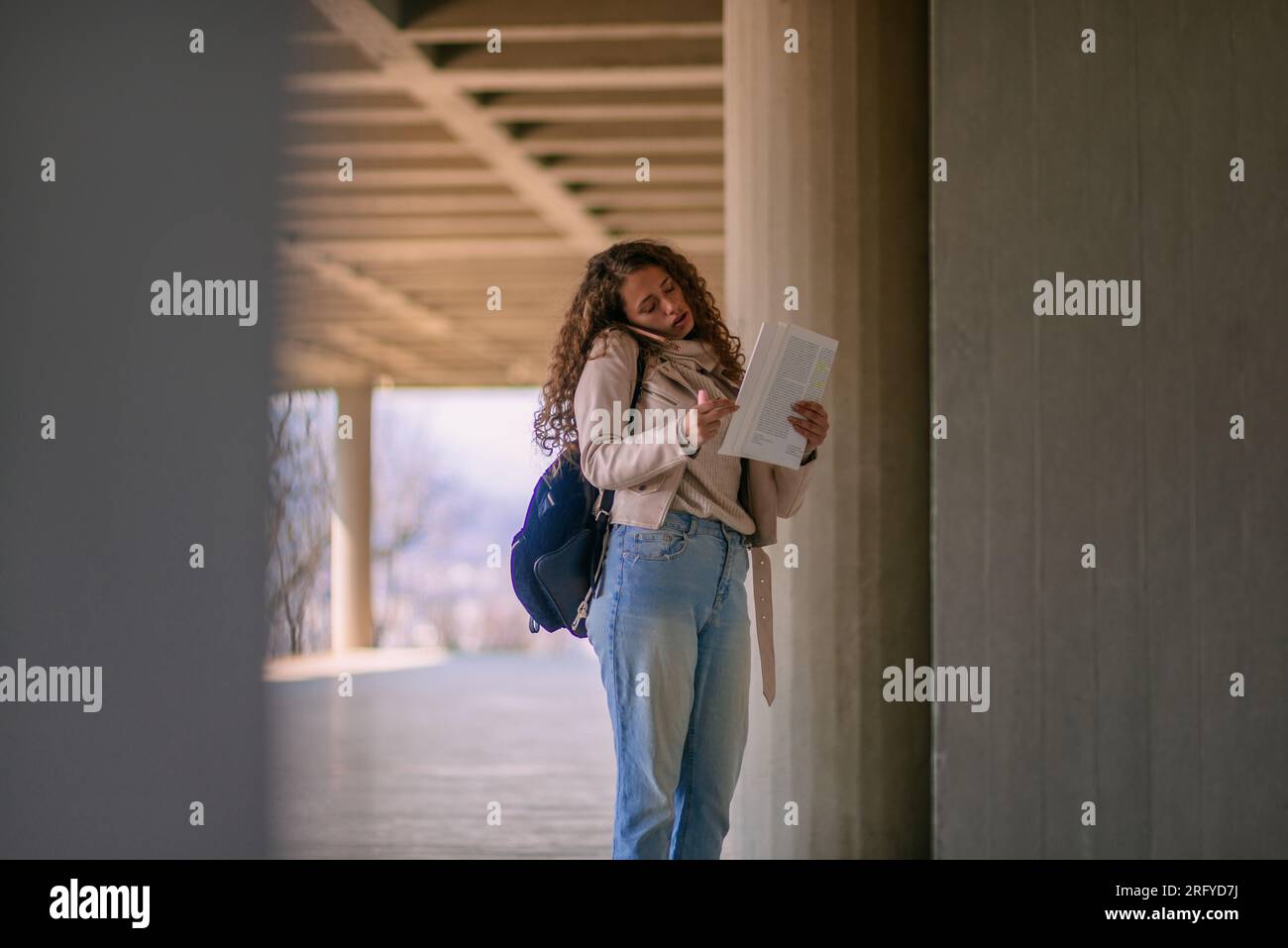 School girl have problems with finding solution for some difficult ...