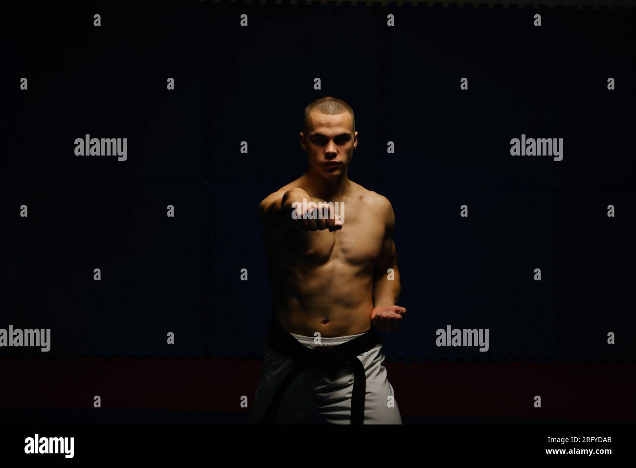 Close up of handsome young doing the Oi tsuki at the karate club Stock ...