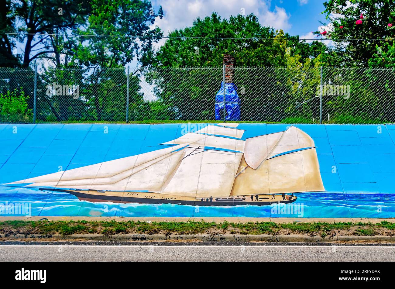 A mural of the Clotilda slave ship is pictured on Africatown Boulevard ...