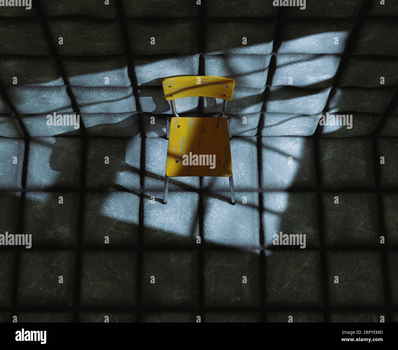 A dark dirty white padded cell in a mental asylum hospital with an ...