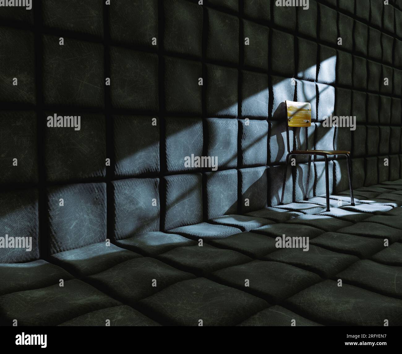 A dark dirty white padded cell in a mental asylum hospital with an ...