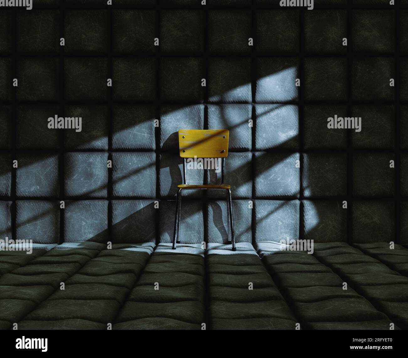 A dark dirty white padded cell in a mental asylum hospital with an ...