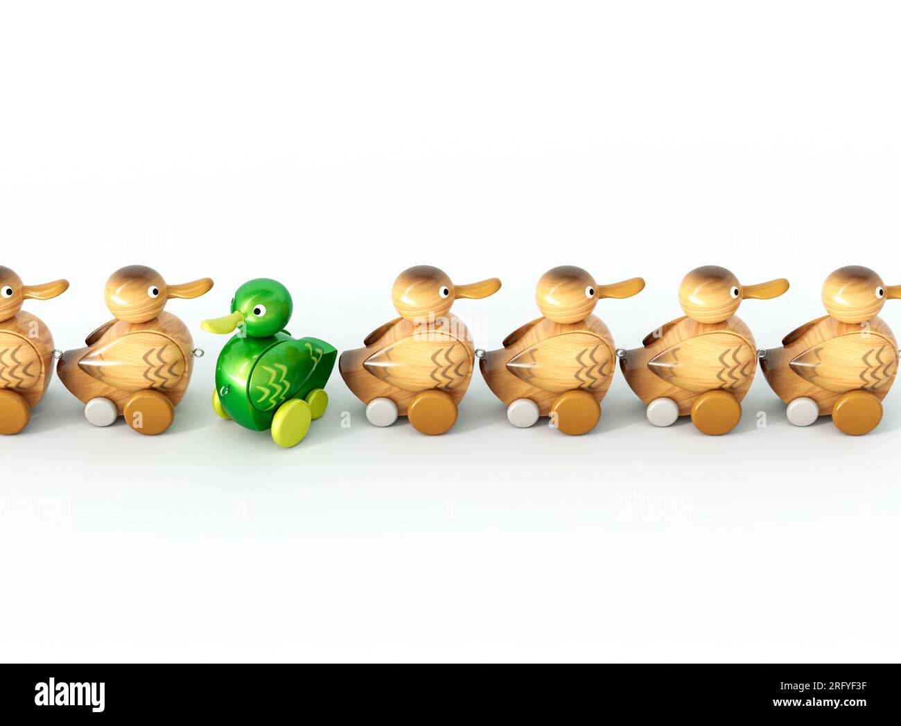 A non-conformist depiction of a green shiny toy duck in an opposite ...