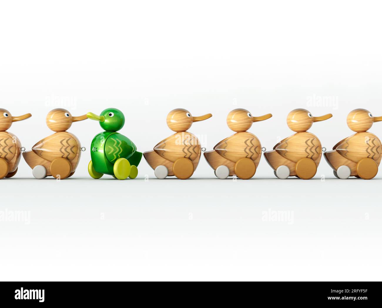 A non-conformist depiction of a green shiny toy duck in an opposite ...