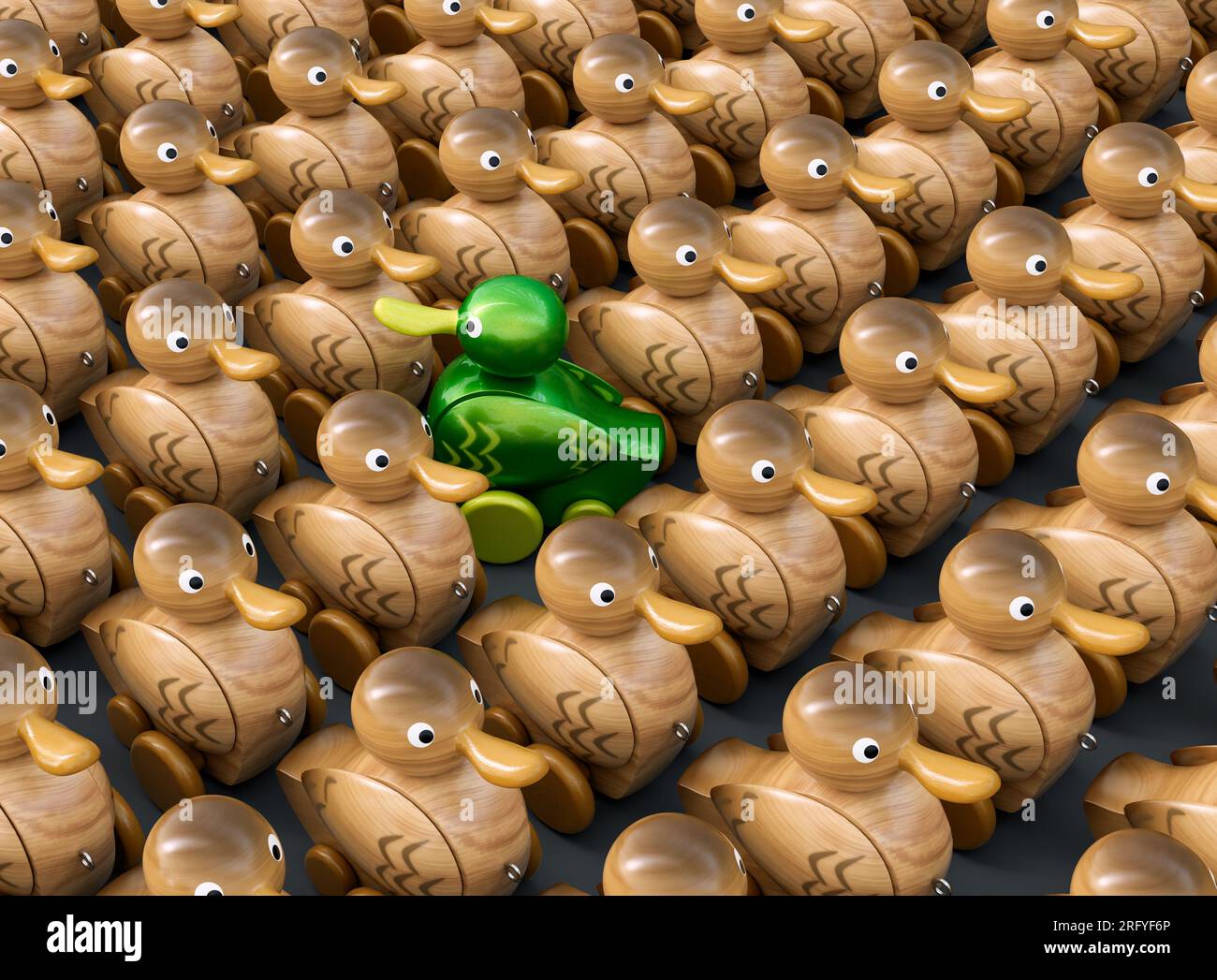 A non-conformist depiction of a green shiny toy duck in an opposite ...