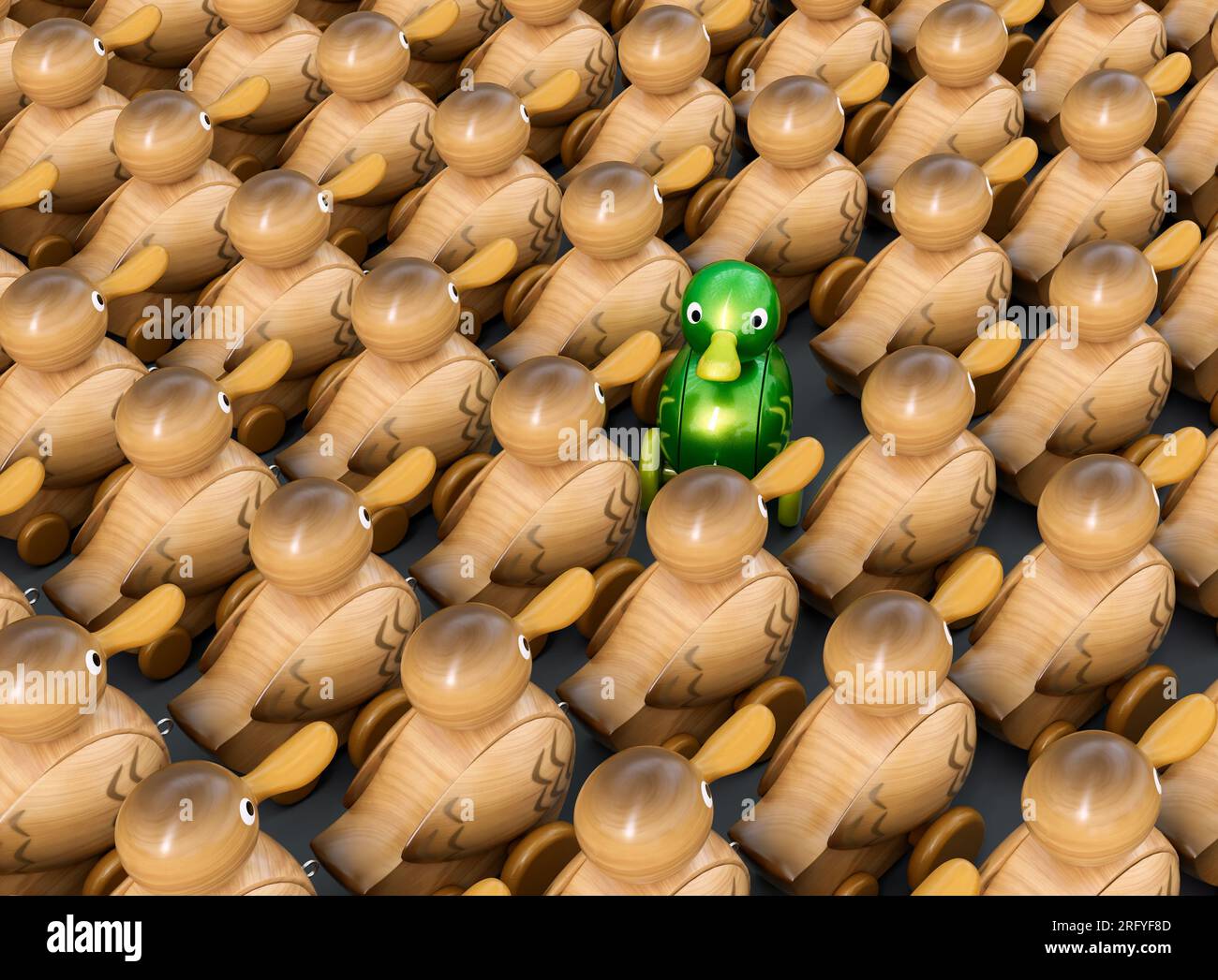 A non-conformist depiction of a green shiny toy duck in an opposite ...