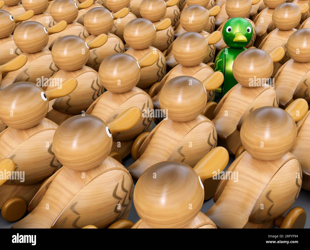 A non-conformist depiction of a green shiny toy duck in an opposite ...