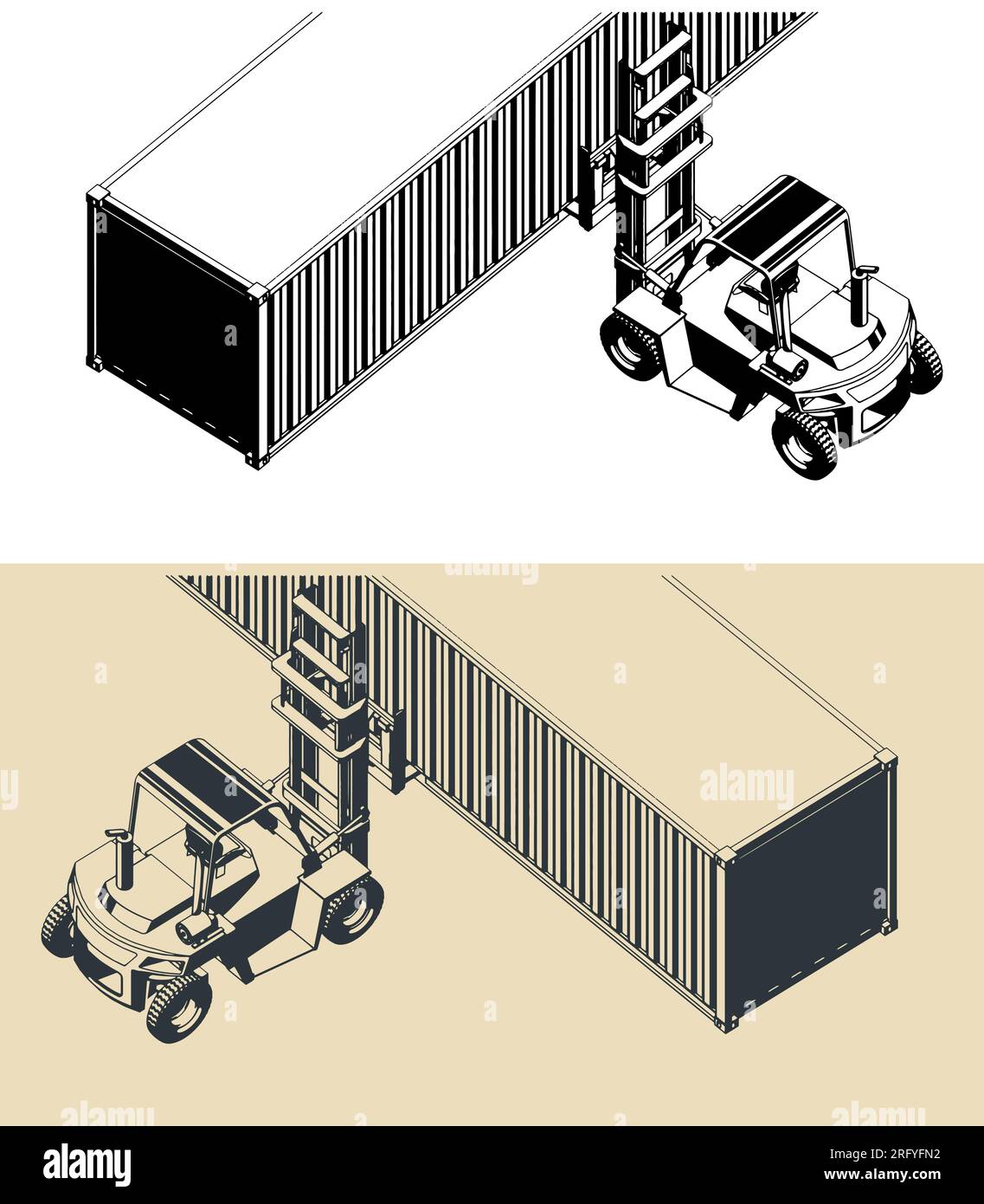 Stylized vector illustrations of forklift and container close-up Stock ...