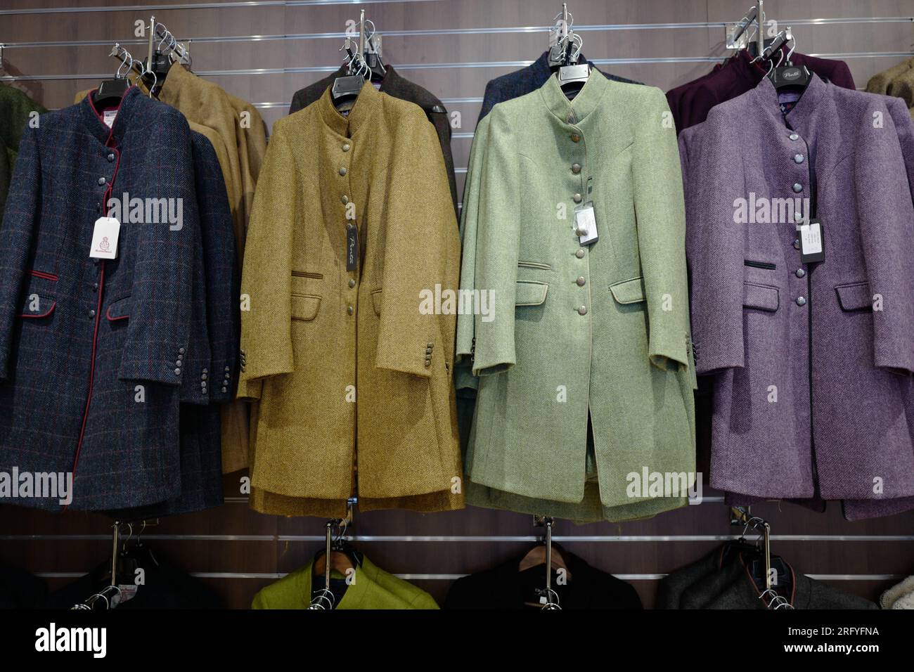 Colorful tweed coats in a store in Aviemore in the Scottish Highlands ...