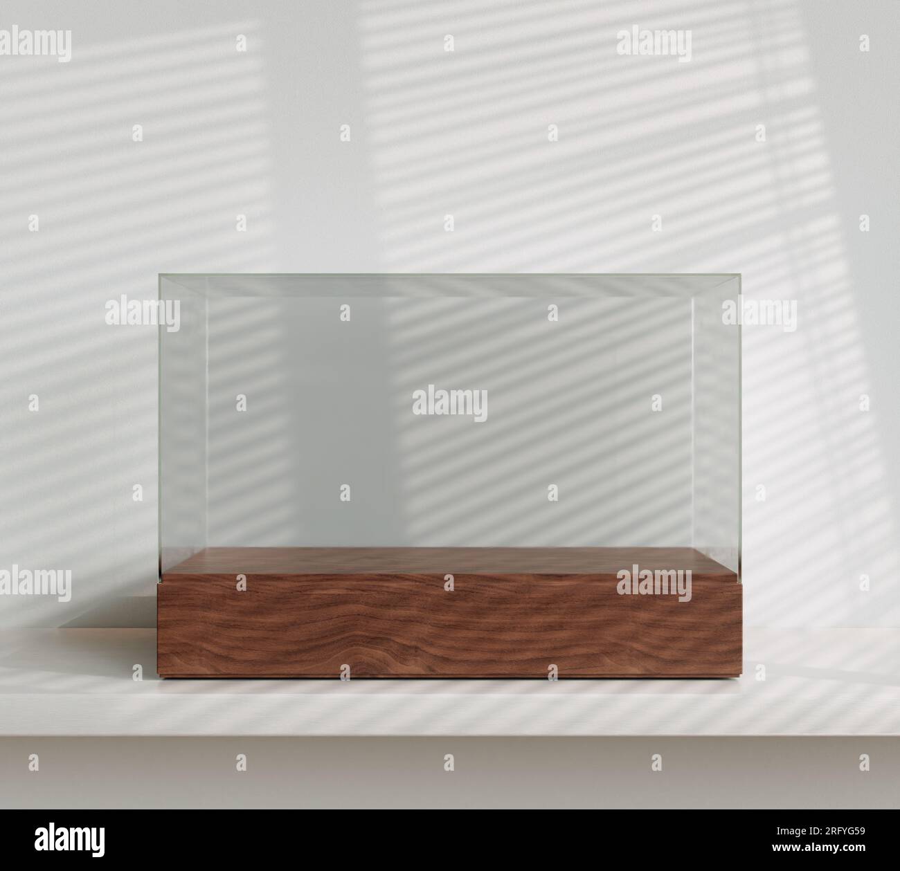 An empty glass display case with a wooden base sitting on a white shelf ...