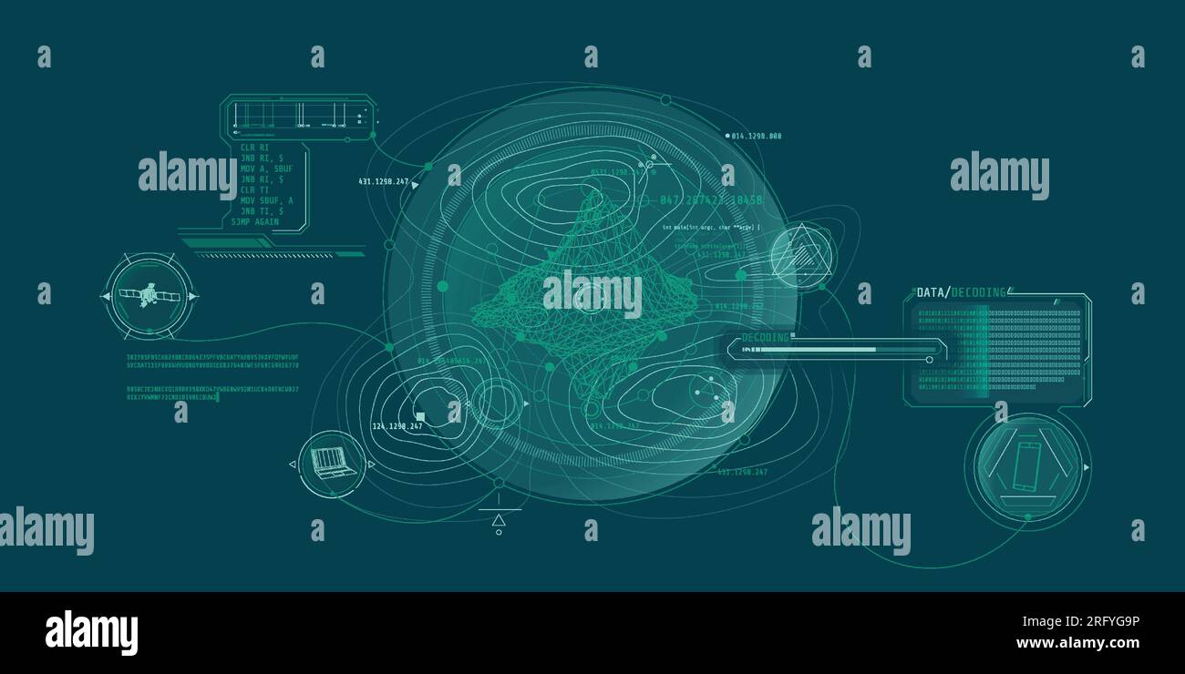 Futuristic geoscience HUD interface design with data decoding Stock ...