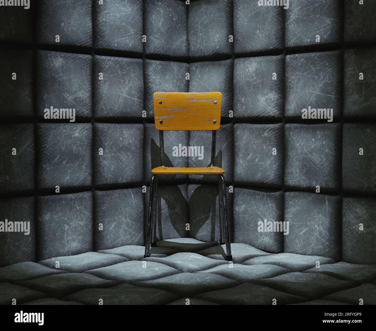 A dark dirty white padded cell in a mental asylum hospital with an ...